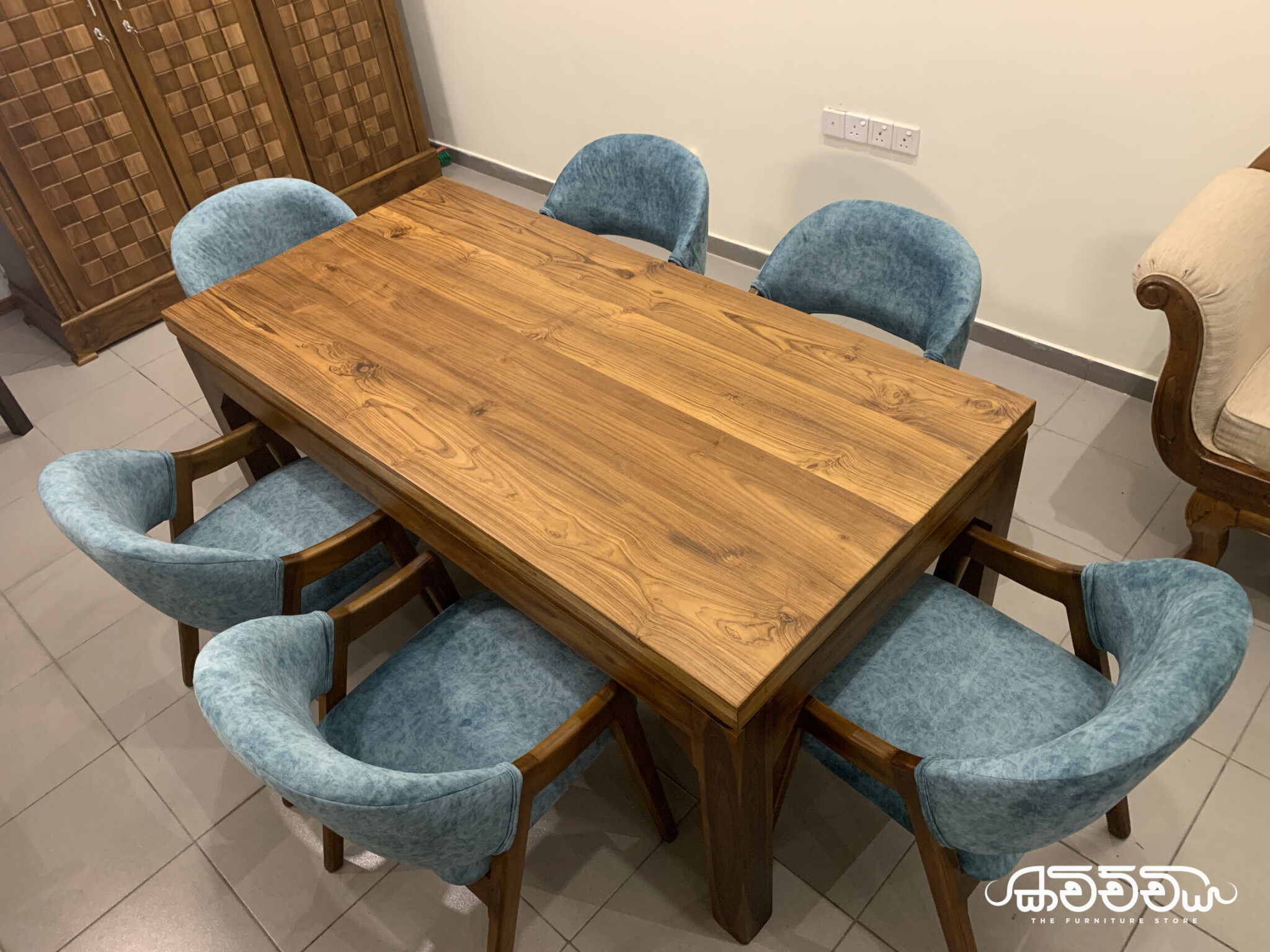 Modern Classic Teak Dining Table with 6 Cushion Chairs - Kavichchiya